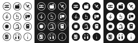 Set Satellite Microscope Uav Drone Motion Sensor Computer Monitor Document Folder User