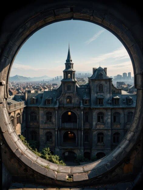 Cityscape Through Circular Frame Premium Ai Generated Image