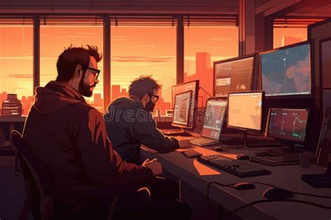 Two Men Are Seen Sitting At A Computer Desk Near A Window Programmers Working On Software In