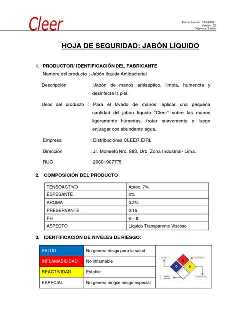 Rombo Nfpa Jabón Líquido Cleer Pdf Agua Lavado De Manos