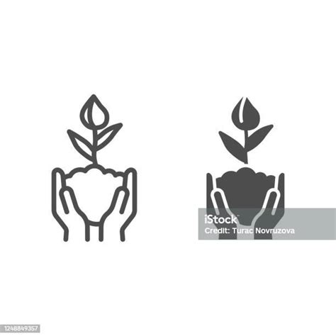인간의 손은 토양 라인과 단단한 아이콘 봄 개념 흰색 배경에 꽃 꽃 새싹 기호에 폐쇄 튤립 버드를 잡고 꽃은 윤곽 스타일 모바일