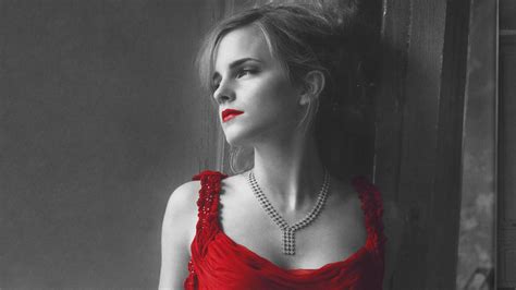 Emma Watson Red Dress Selective Coloring Red Lipstick Women