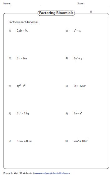 Factoring A Binomial Worksheet