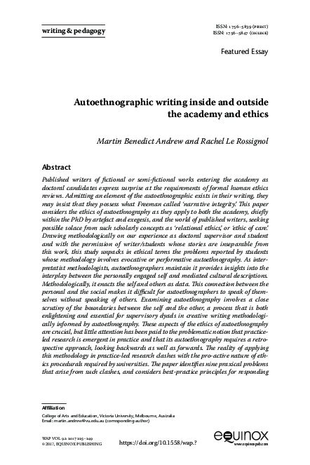Pdf Autoethnographic Writing Inside And Outside The Academy And Ethics