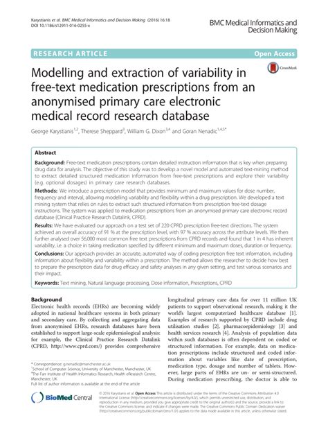 Pdf Modelling And Extraction Of Variability In Free Text Medication