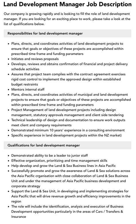 Land Development Manager Job Description Velvet Jobs