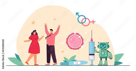 Comic Robot With Syringe Impregnating Egg Cell With Sperm Artificial