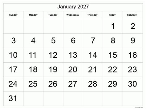 Printable January 2027 Calendar Free Printable Calendars
