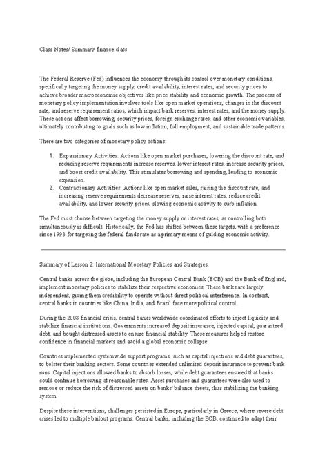 Class Notes Summary Finance Class The Process Of Monetary Policy