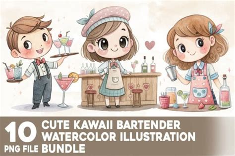 Cute Kawaii Bartender Watercolor Bundle Graphic By Hega Prakosa