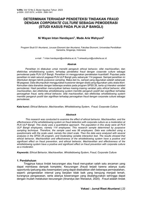 Pdf Determinan Terhadap Pendeteksi Tindakan Fraud Dengan Corporate