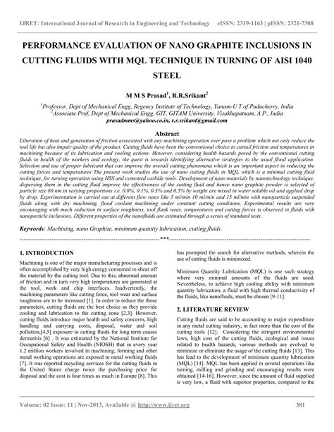 Performance Evaluation Of Nano Graphite Inclusions In Cutting Fluids With Mql Technique In