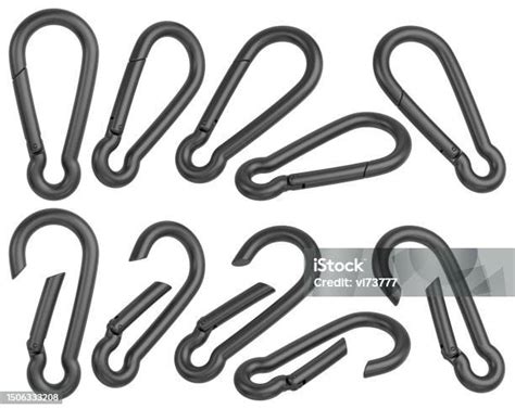 캠핑 디자인을 위해 다른 위치에 설정된 검은색 강철 카라비너 3d 렌더링 이미지입니다 3차원 형태에 대한 스톡 사진 및 기타 이미지 3차원 형태 강철 개체 그룹