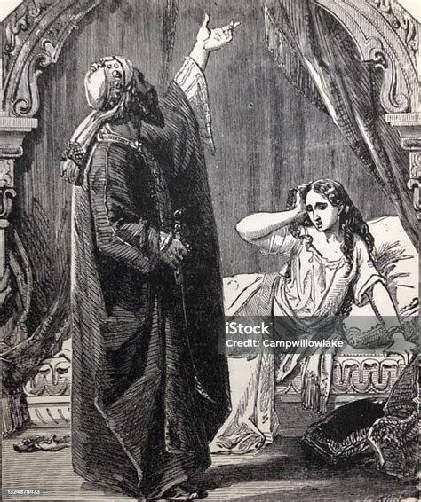 골동품 일러스트레이션 토마스 무어의 시 남자가 공중에서 손으로 말하는 동안 머리에 손을 들고 여자 중동 1880 1889 년에 대한 스톡 벡터 아트 및 기타 이미지 Istock