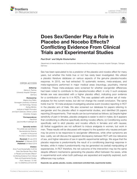 Pdf Does Sexgender Play A Role In Placebo And Nocebo Effects