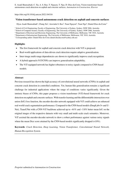 Pdf Vision Transformer Based Autonomous Crack Detection On Asphalt And Concrete Surfaces