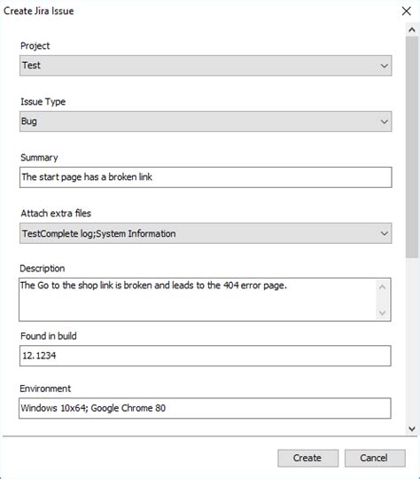 Create Jira Issue Dialog Testexecute Documentation