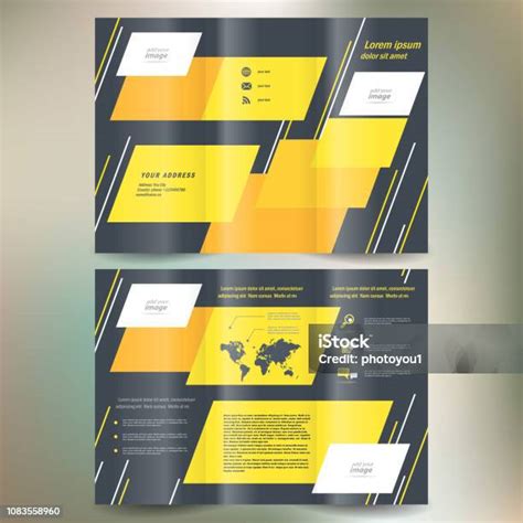 브로셔 디자인 서식 파일 벡터 폴더 전단지 기하학적 추상 노란 선 검은 배경 0명에 대한 스톡 벡터 아트 및 기타 이미지 0명 3단 브로슈어 검은색 Istock