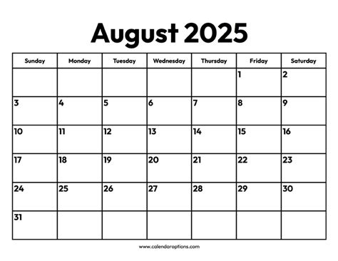 August 2025 Calendar Calendar Options