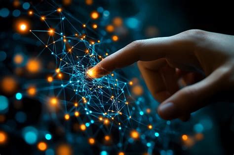 Hand Interacting With Digital Network Of Connected Nodes Futuristic Technology And Communication