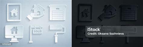 판매된 텍스트 차고 컴퓨터 모니터 스마트 홈 페인트 롤러 브러시 부동산 중개인 및 태블릿 및 아이콘으로 교수형 기호를 설정합니다 벡터 3차원 형태에 대한 스톡 벡터 아트 및