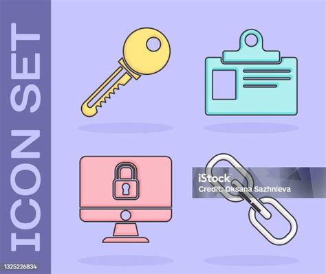 체인 링크 설정 키 컴퓨터 모니터 화면 및 식별 배지 아이콘에 잠금 벡터 가는 끈에 대한 스톡 벡터 아트 및 기타 이미지