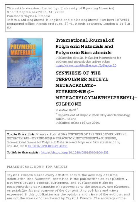Pdf Synthesis Of The Terpolymer Methyl Methacrylate Styrene Bis 4 Methacryloylmethylphenyl
