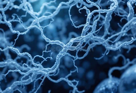 Close Up Of Intricate Blue Microbial Structures Resembling Tangled Threads Under A Microscope