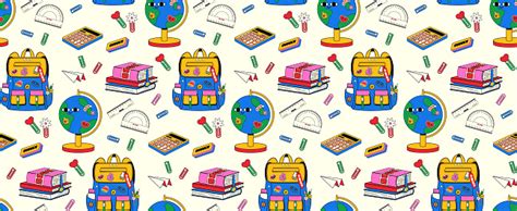 복고풍 플랫 스타일의 학용품과 완벽 한 패턴 재미있는 손으로 그린 학교 가방 지구본 책 더미 크리 에이 티브 연필 종이 클립 및 기타 용품 학교로 돌아 가기 교육 개념 0