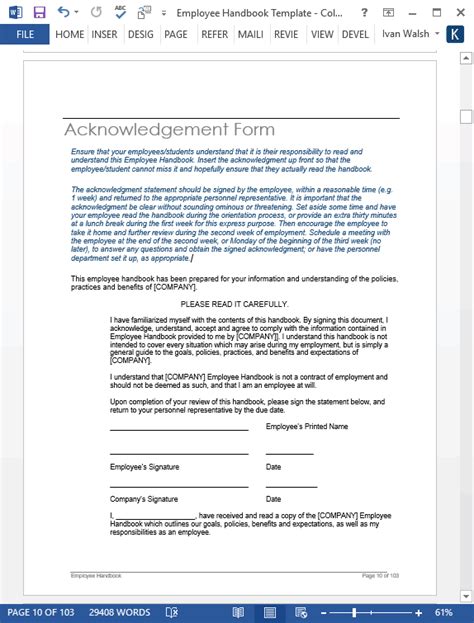 Employee Handbook Template Download Pg MS Word Templates Excel