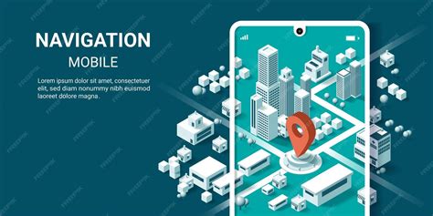 화면에 모바일 탐색 앱이 있는 스마트폰의 벡터 일러스트 도로 및 건물이 있는 도시 아이소메트릭 계획 Gps 세계 지도 아이소메트릭 스마트 시티 개념 3d 벡터 일러스트 레이