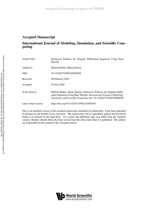 Pdf Numerical Solution For Singular Differential Equations Using Haar Wavelet