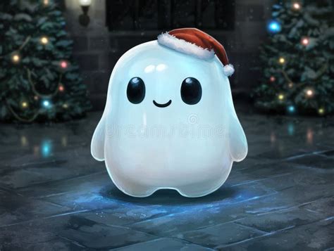 Cute Ghost Wearing Santa Hat In Winter Wonderland Stock Illustration