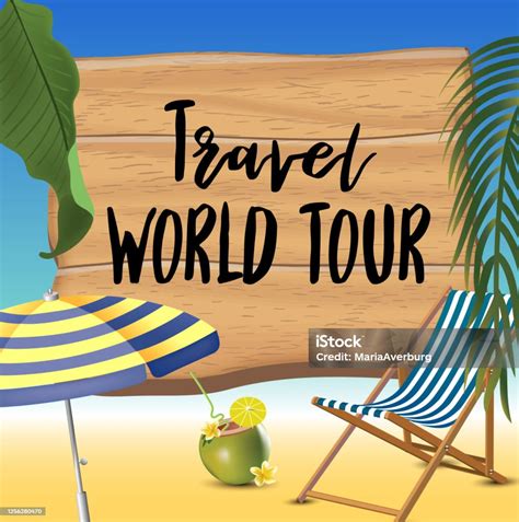 파라솔 체이스 라웅 코코넛 코크테일이 비치 배경에 있는 여행 월드 투어 타이포그래피 비문 사실적인 태양 플레어 3차원 형태에