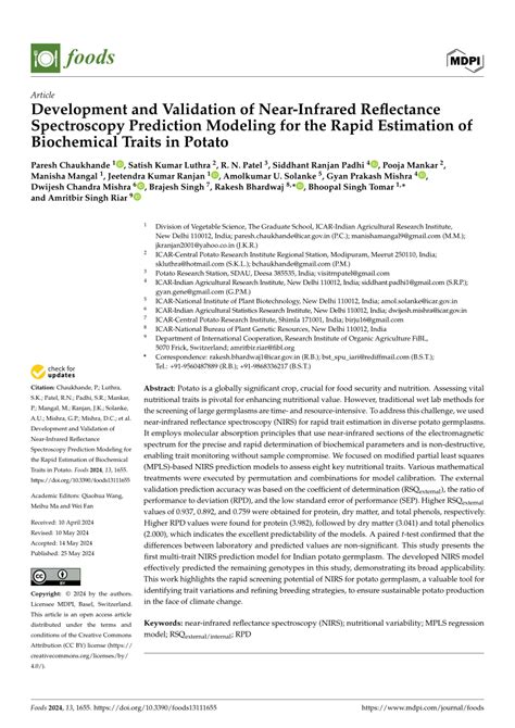 Pdf Development And Validation Of Near Infrared Reflectance Spectroscopy Prediction Modeling