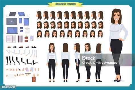 사업가 캐릭터 디자인의 설정 전면 측면 후면 애니메이션 캐릭터입니다 비즈니스 여자 캐릭터 창조와 다양 한 플레이 포즈 제스처 설정 고립 된 평면 벡터 여자에 대한 스톡 벡터
