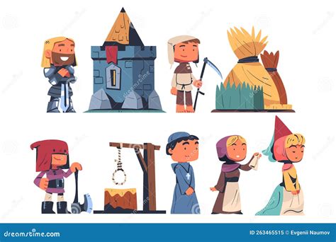 Mensen Van Middeleeuwen Met Een Nachtkopmeester Boer En Priester Vectorset Vector Illustratie