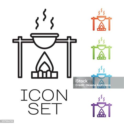 흰색 배경에 격리 된 검은 선 캠프 파이어와 냄비 아이콘입니다 장작과 불꽃에 가마솥에서 화재 캠핑 요리 다채로운 아이콘을 설정합니다 벡터 일러스트레이션 라인아트에 대한 스톡