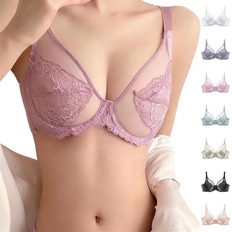 Ahtjrt Bras For Women Lace Strappy Push Up Bralettes Unlined Sheer See