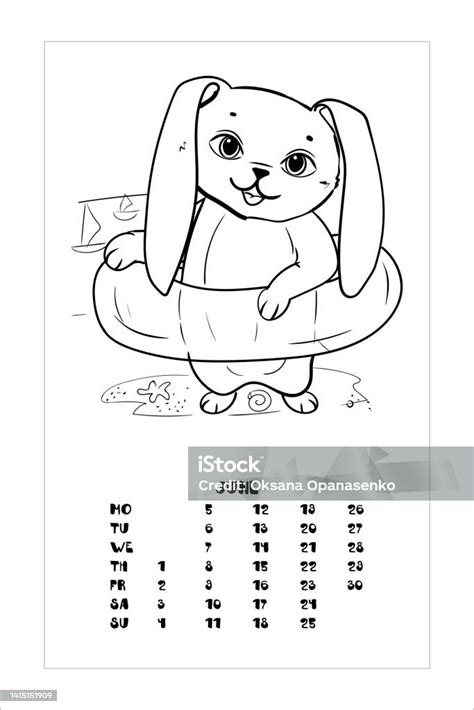 해변에있는 토끼 수영을위한 팽창식 원 여름 엔터테인먼트 어린이를위한 색칠 공부 책 흰색 배경에 고립된 벡터 일러스트레이션입니다 달력 유월 개념에 대한 스톡 벡터 아트 및