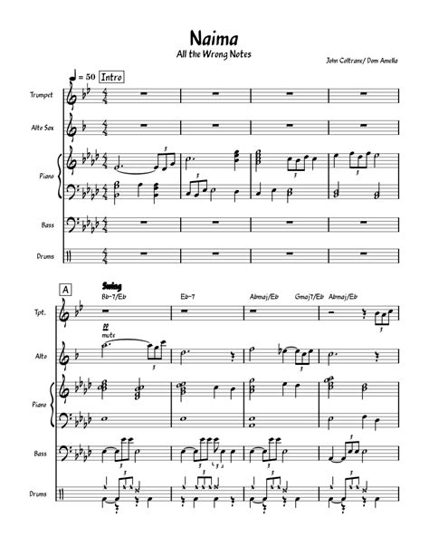 Naima John Coltrane Naima Quintet Arrangement Sheet Music For Piano