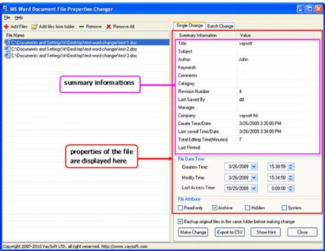 MS Word Document File Properties Changer Help