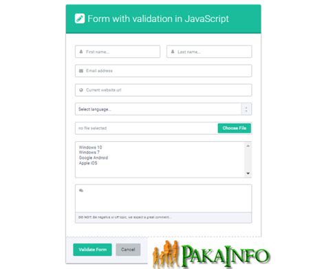 html form with javascript validation example