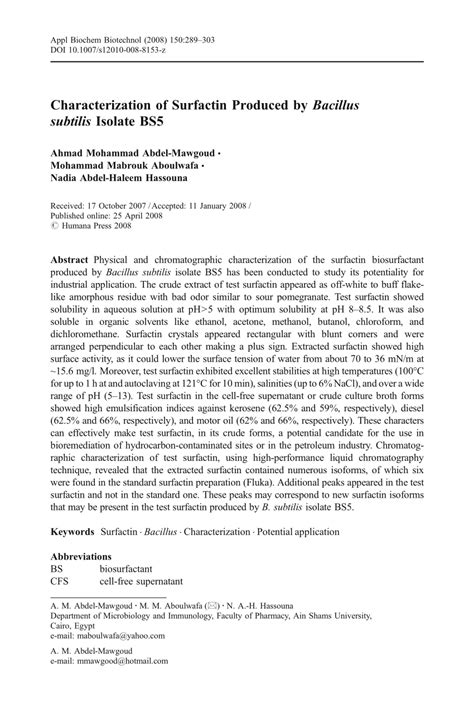 Pdf Characterization Of Surfactin Produced By Bacillus Subtilis Isolate Bs5