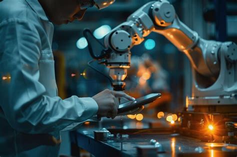 Premium Photo An Engineer Uses A Digital Tablet To Control A Robotic Arm In A Hightech
