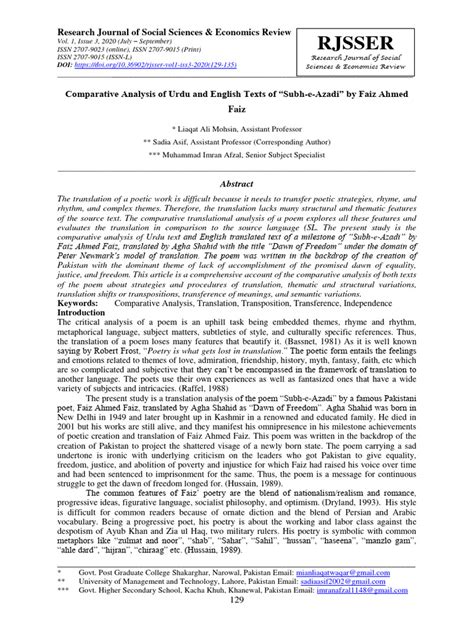 Comparative Analysis Of Urdu And English Texts Of Subh E Azadi By Faiz Ahmed Faiz Pdf