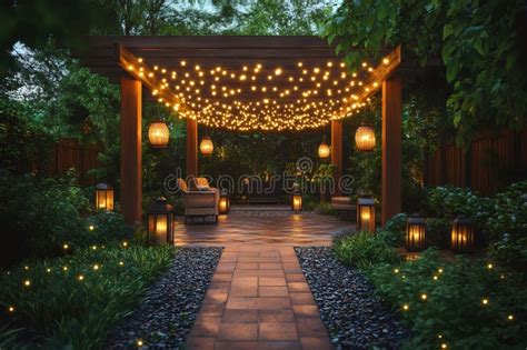 Cozy Pergola Lighting Up Garden Patio In The Evening Stock Illustration Illustration Of Lights