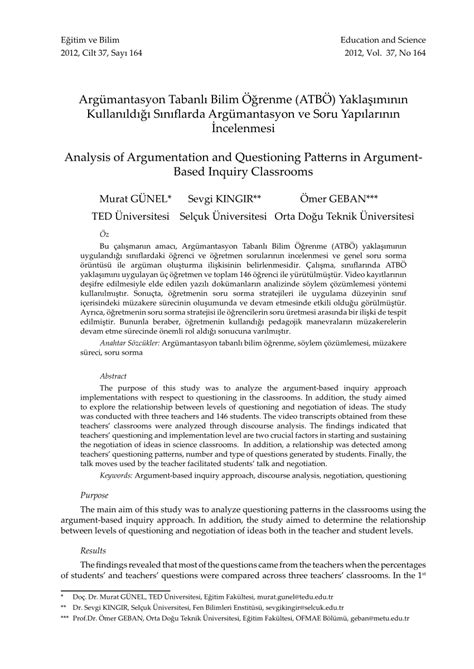 Pdf Analysis Of Argumentation And Questioning Patterns In Argument Based Inquiry Classrooms