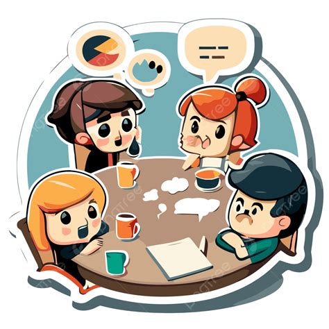 Cartoon Image Of Four Friends At A Table Discussing Something Vector