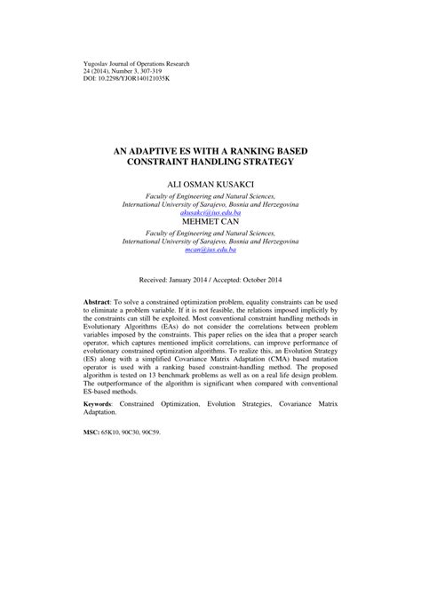 Pdf An Adaptive Es With A Ranking Based Constraint Handling Strategy